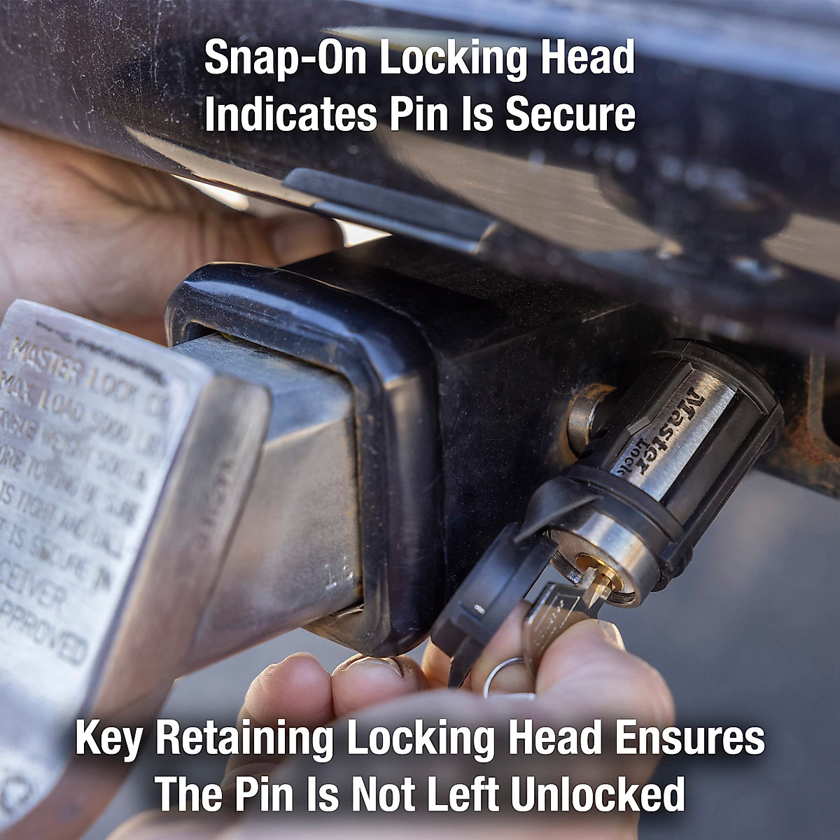 Master Lock Receiver Lock, 1/2 in. and 5/8 in. Swivel Head Receiver Locks, Weather Resistant Automotive Receiver Lock with Keys, 2866DAT