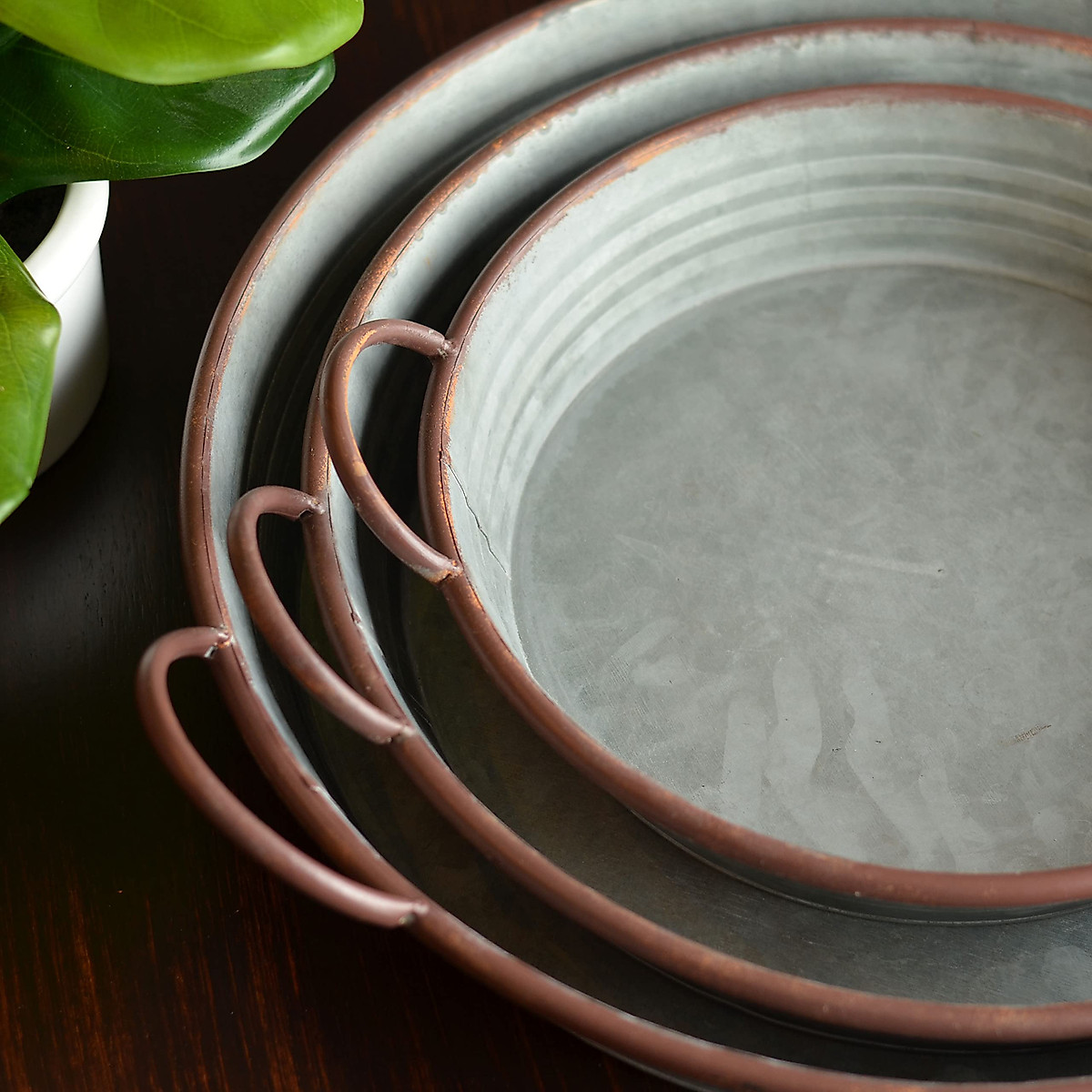 Farmers Deep-Dish Round Trays, Set of 3, Rustic Vintage Style, Galvanized Zinc Metal, 18, 15.75, and 12.25 Inches Diameter