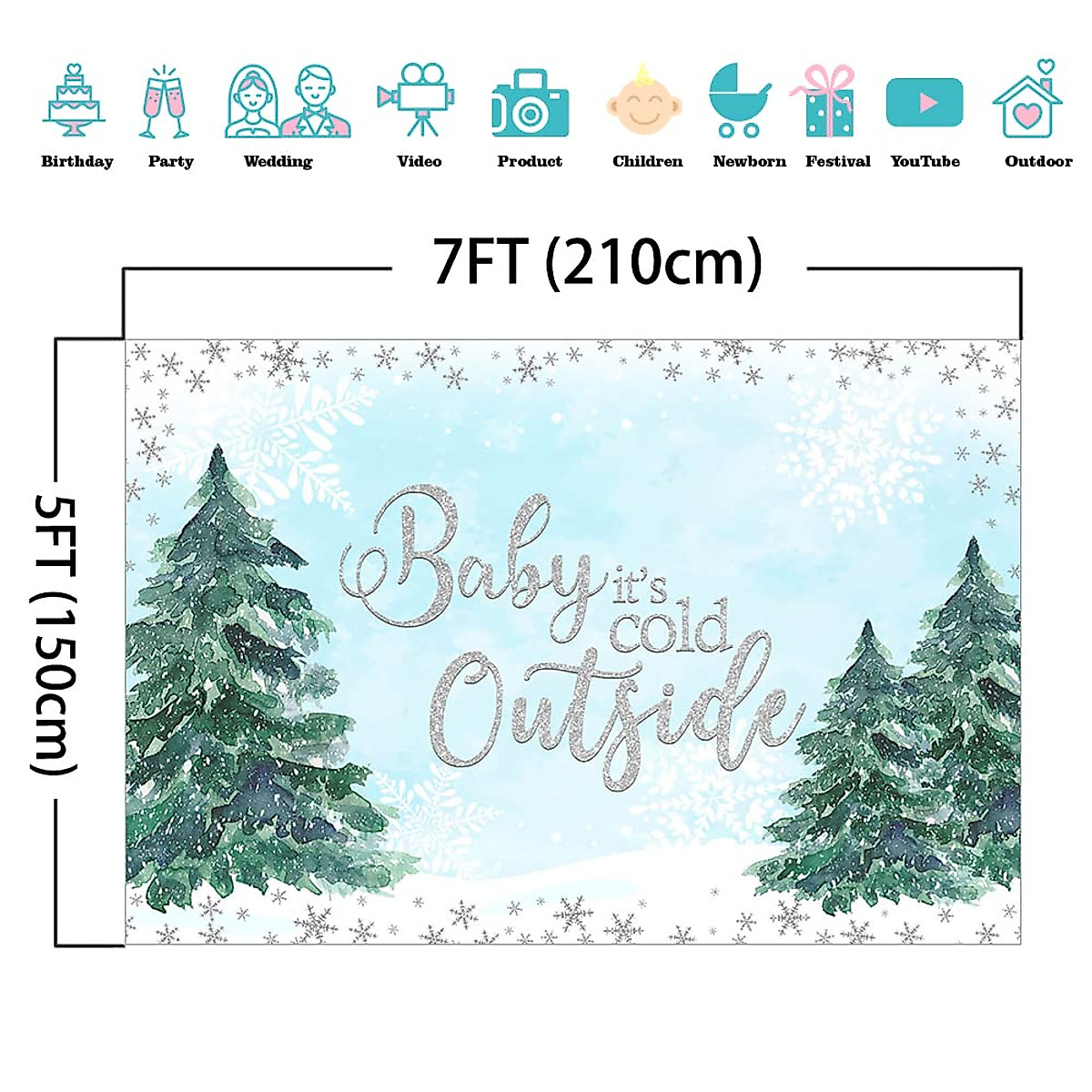 Mocsicka Baby It's Cold Outside Backdrop Winter Blue Silver Snowflakes Boy Baby Shower Background Watercolor Pine Tree Baby Shower Party Decoration Banner Photo Booth Props (7x5ft)