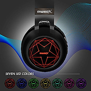 Riwbox WT-8S Bluetooth Headphones, LED Light Up Wireless Headphones Over Ear Hi-Fi Stereo Foldable Wireless/Wired Headsets with Mic and TF-Card Compatible for iPhone ipad Kindle Laptop TV (Black)