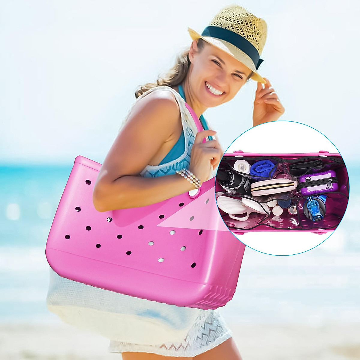 Fayayuan Clear Beach Bag Organizer Compatible with Original Bogg Bag X Large Size, Insert Divider Pouch Zipper for Bags Accessories,7 Pockets, Transparent & Black