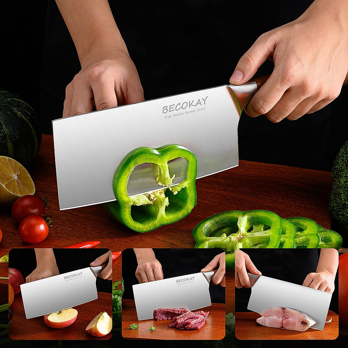 BECOKAY Meat Cleaver 7 inch Vegetable Cleaver Knife - Chinese Chef's Knife German High Carbon Stainless Steel Butcher Knife with Ergonomic Handle for Home Kitchen and Restaurant