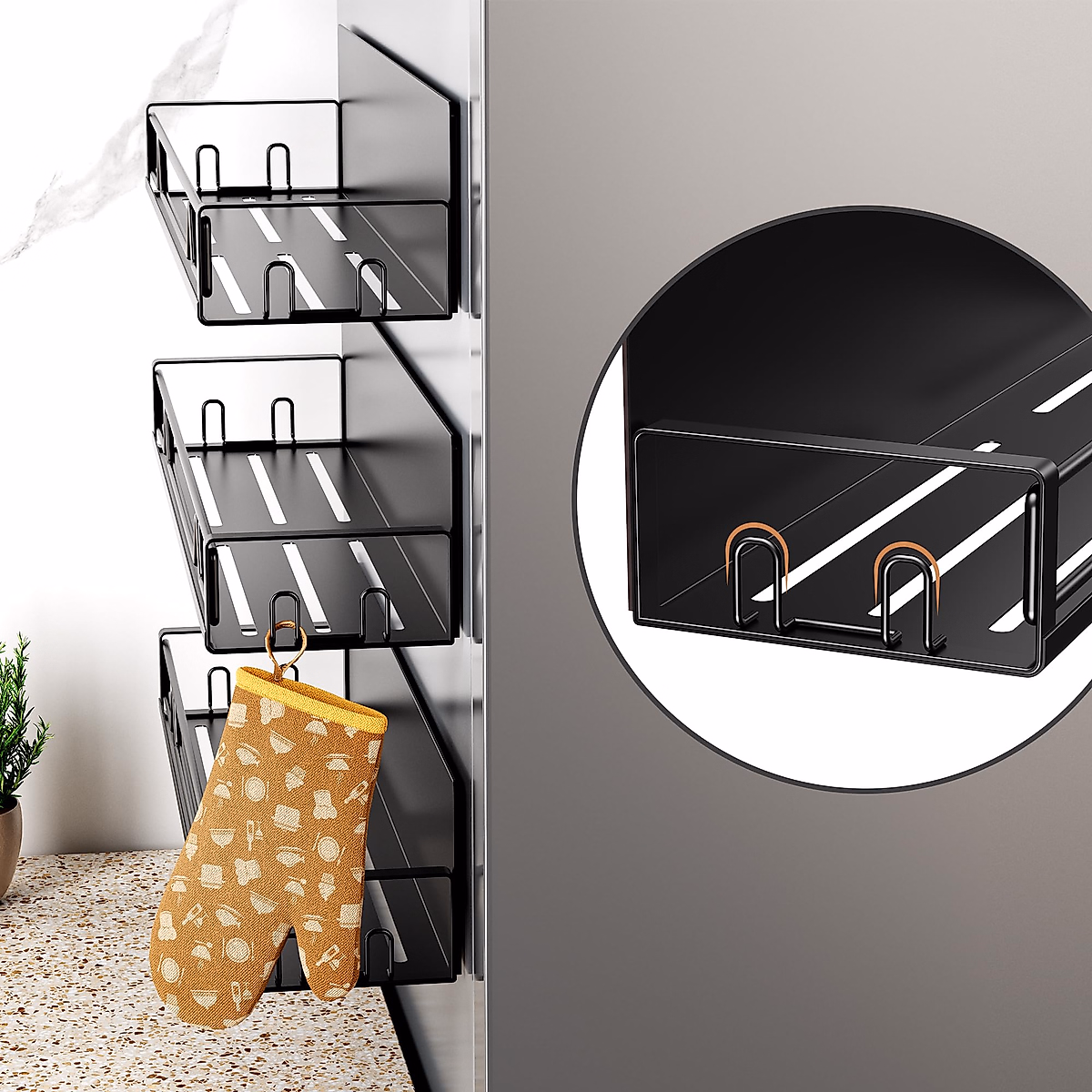 Mystozer 16.9 Inch Wide Large Capacity Magnetic Spice Rack for Refrigerator, 4 Pack Metal Fridge Shelf, Black