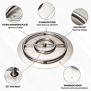 Dreffco Stainless Steel Fire Pit Burner Pan & Ring Pro Kit for Liquid Propane, 30-Inch Pan, 24-Inch Ring, 150,000 BTU Max