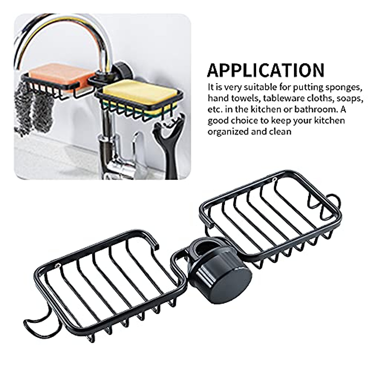 Faucet Sponge Double Holder, Sink Caddy Stainless Steel Faucet Drainage Shelf for Kitchen Sink, Shower Caddy Hanging Bath Shelf Organizer Basket, With Hook Drain Shelf (Black)