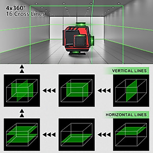 DILORD 16 Lines 120ft Laser Level, 4x360° Self Leveling, 4D Green Cross Line Phone and Remote Control for Construction and Picture Hanging, 2 Rechargeable Battery, Remote Controller, Stand Included