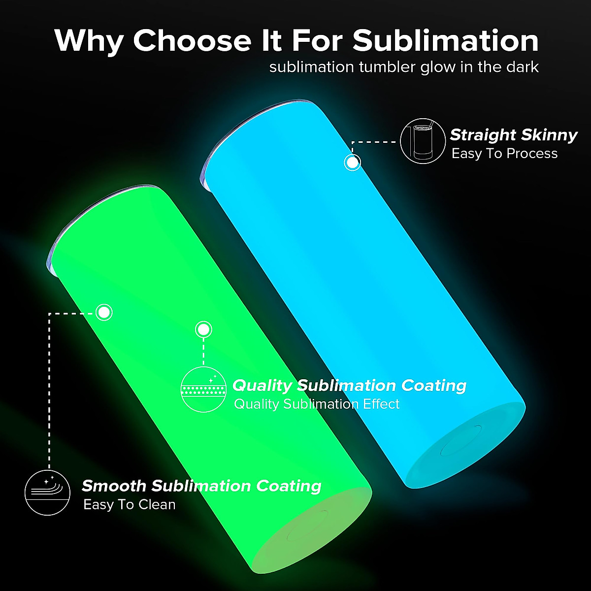 FASTSUB 24 Pack Sublimation Tumblers 20 oz Blank Bulk Luminous Cups Glow in the Dark Straight Double Wall Vacuum Insulated with Lids and Straws for Tumbler Heat Press Glow Green Glow Blue