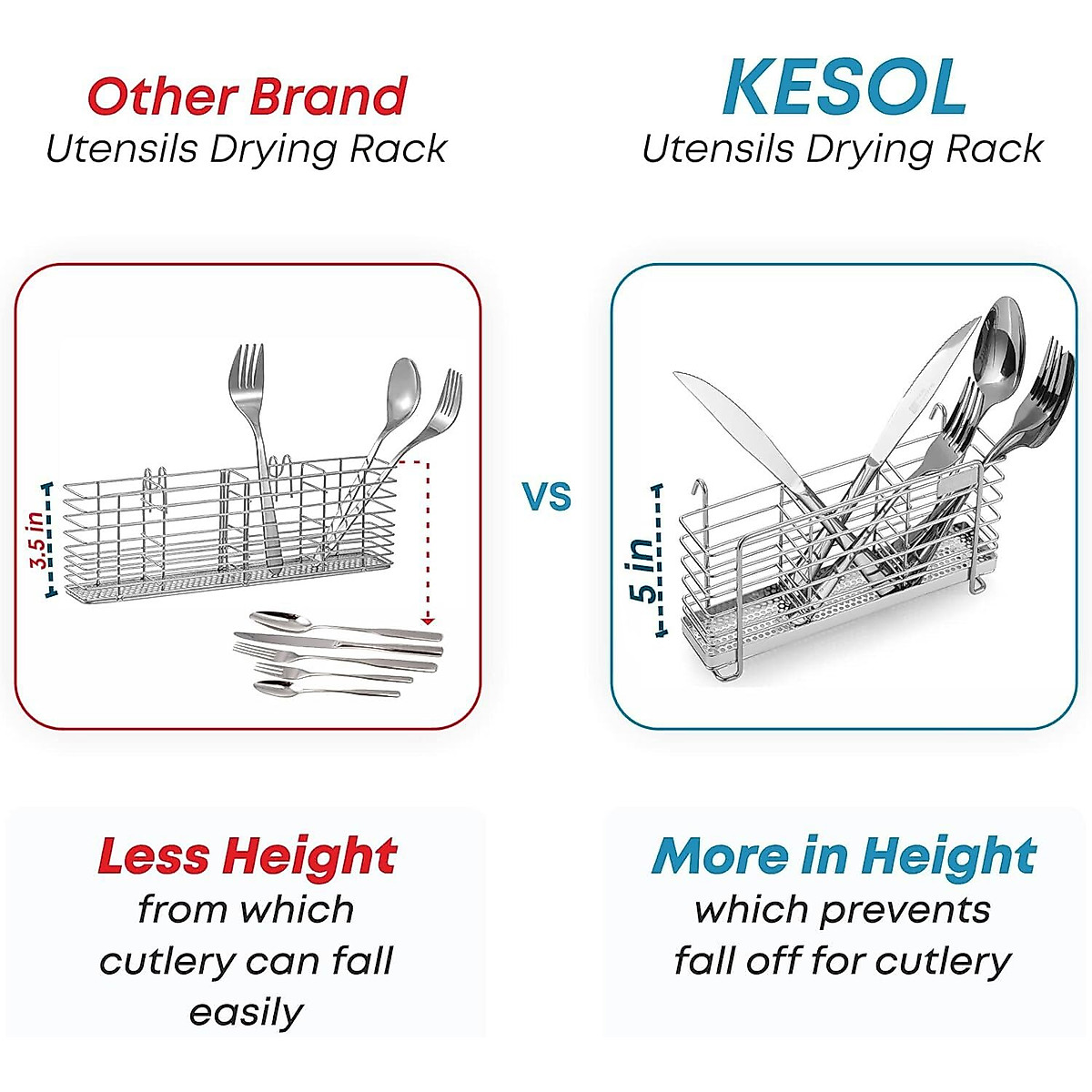 KESOL Sturdy 304 Stainless Steel Utensil Drying Rack Basket Holder with Hooks 3 Divided Compartments, Rust Proof, No Drilling