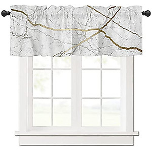 Marble Golden Valances for Windows White Gold Abstract Marbling Theme Ink Art Painting Rod Pocket Short Window Valance Curtains Home Decor Window Treatment for Kitchen Living Room Bedroom 54x18in