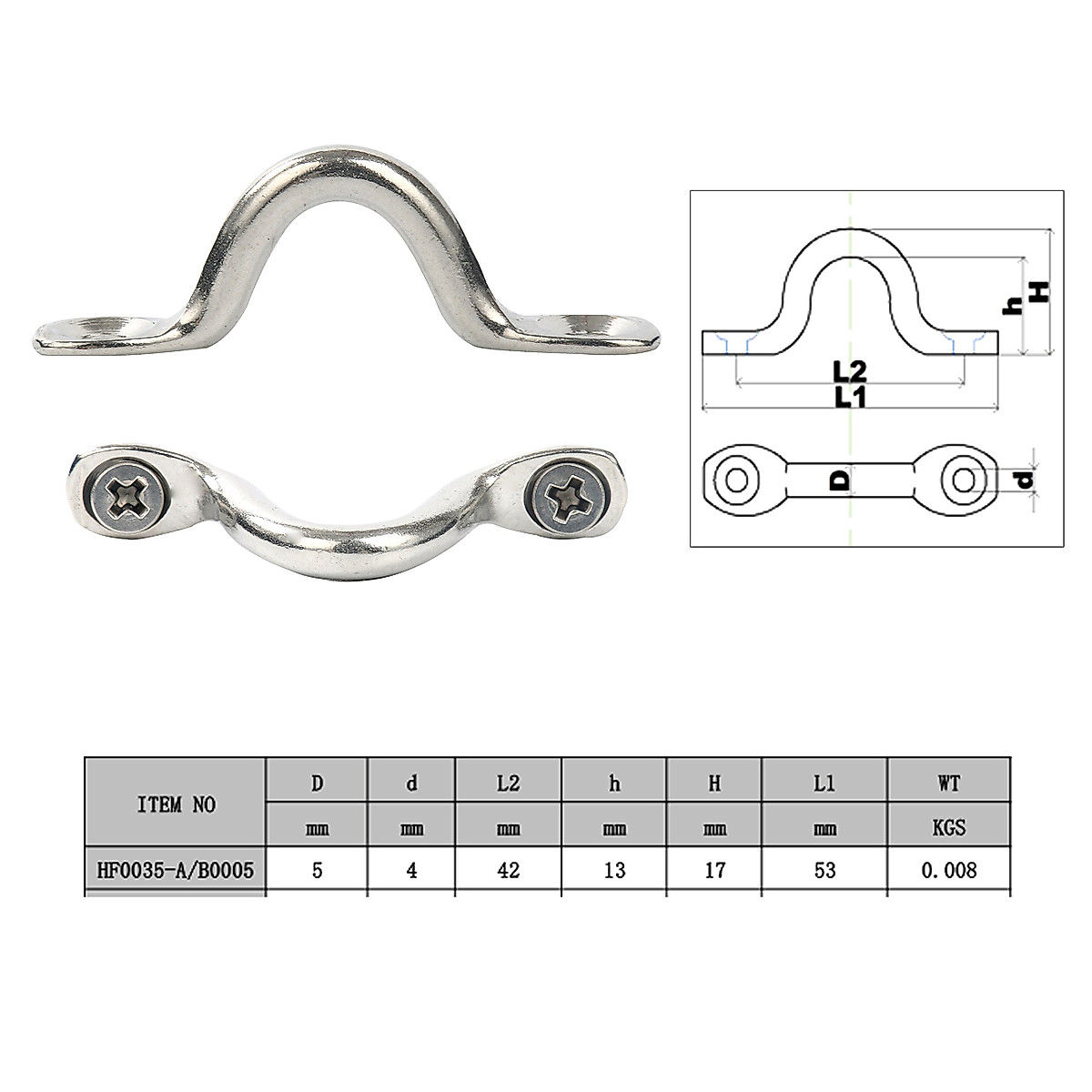 Amarine-made Pack of 10 Stainless Steel Bimini Boat Top PAD Eye , Eye Straps, Tie Down, Kayak Deck Loops, Tie Down Anchor Point, footman's Loop for Kayak Canoe Rigging