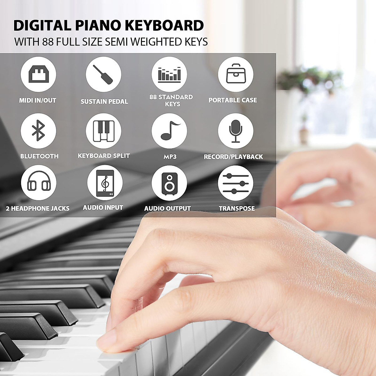 MUSTAR Digital Piano 88 Key Weighted with Stand, 88 Key Semi Weighted Keyboard Piano MEP-1100, Electric Piano Keyboard 88 Keys for Beginners, 2x25W Stereo Speakers, Case, Sustain Pedal, ABS, Black