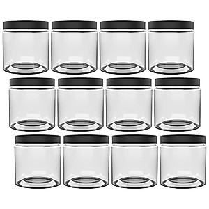 HoleviFO 14oz (420ml 12 Pack) Empty Clear Wide Mouth Plastic Jars with Matte Black Lids and Labels - Round PET Containers for Food Storage and Dry Goods,Craft and More - BPA Free
