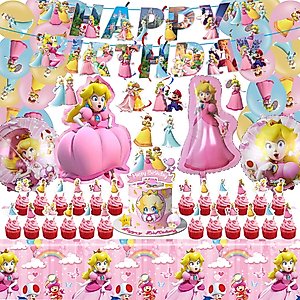 Princess Peach Birthday Party Supplies, Princess Peach Party Decorations, Princess Peach Party Favors Include Banners, Hanging Swirls, Balloons, Cake Decoration, Cupcake Toppers, Tablecloth