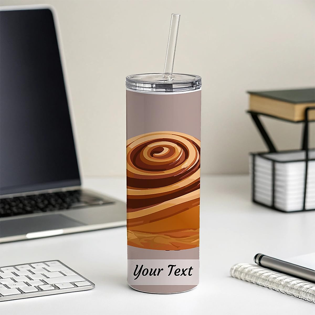 Personalized Custom Name Text Cinnamon Roll Bun Skinny Tumbler 20oz with Straw Insulated Water Bottle Gift - 1 Line Horizontal