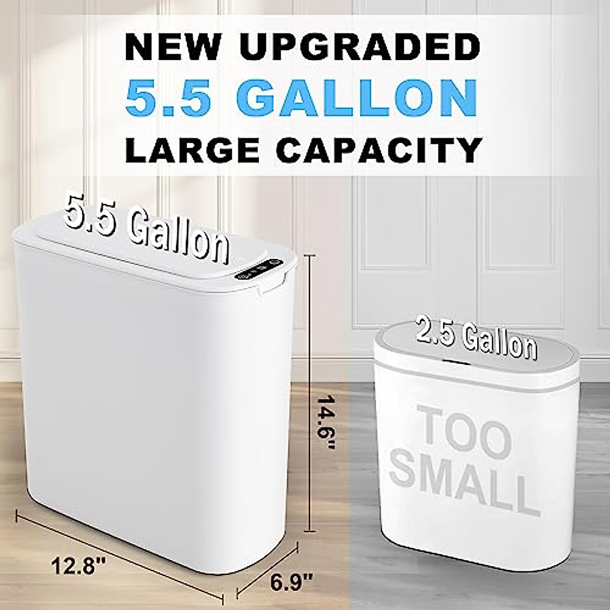 TrashAid Touchless Bathroom Trash Can with Lid, 5.5 gallon Rechargeable Motion Sensor Slim Trash Bin Automatic, Smart Plastic Garbage Can White Wastebasket for Toilet, Office, rv, Bedroom, Living Room