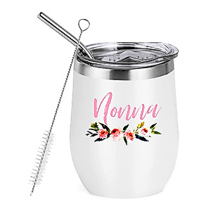 Waldeal Nonna Floral Wine Glass 12 oz, Double Wall Vacuum Insulated Travel Tumbler with Lid and Straw, Stainless Steel Stemless Coffee Cup for Women Grandma, White