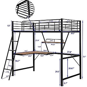 STP-Y Bunk Bed, Black, Alloy Loft Bed with L-Shaped Desk and Shelf Made of Heavy-Duty Steel. Perdurable. Need to Assemble The Mattress. Recommended 6"-8"