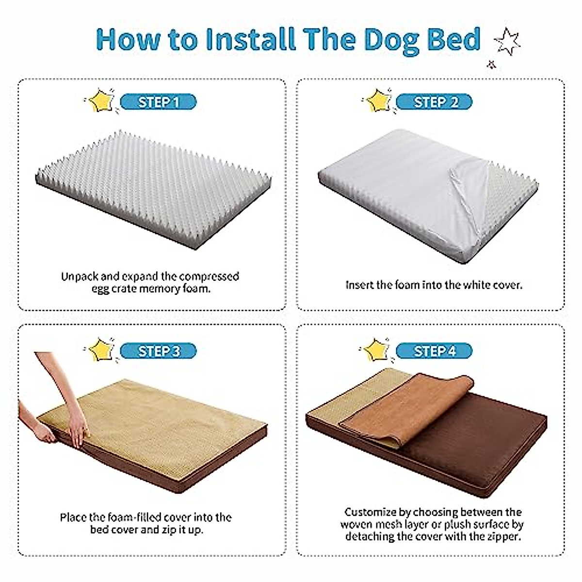 Made4Pets Dog Beds for Medium Dogs, Egg Memory Foam Large Dog Bed with Removable Cover, Pet Bed Mattress for Large Cats, Washable Plush and Cool Cover, 34 x 25 Brown