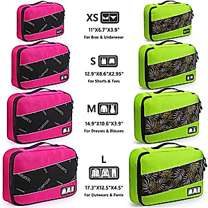 Travel Organizer,Mossio Set of 8 Slim Small Medium Large Luggage Cubes for Backpack (8 Set - Rose/Green)