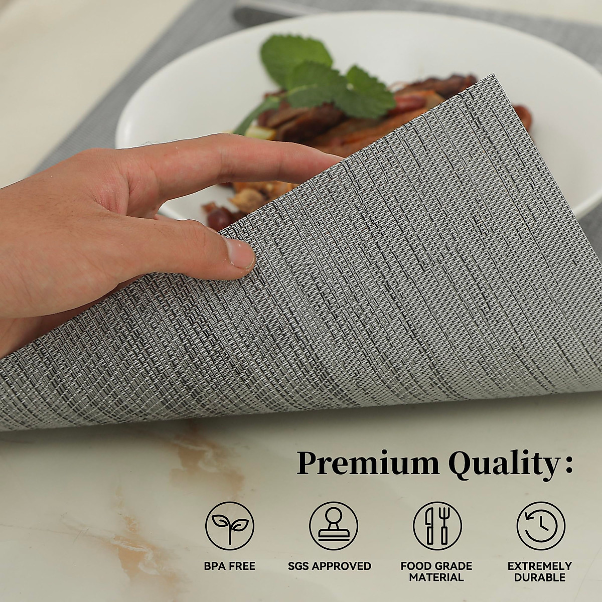 Leetaltree Grey Placemats, Heat Resistant Non-Slip Place mats for Dining Table, Washable Durable PVC Vinyl Woven Table Mats (Set of 4)