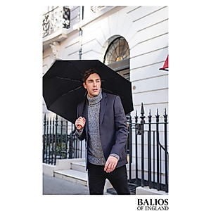 Balios (Designed in UK) Travel Umbrella Luxurious Golden Hardwood Handle Auto Open & Close Windproof Frame Single Canopy Automatic Folding Umbrella Men's & Ladies (Jet Black)