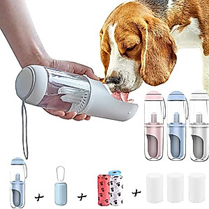 KuraMart Portable Dog Pet Travel Water Bottle Leak-Proof Drinking Cat Cup with 3PCS PP Conton Filter & Pet Dog Poop Bag Dispenser with 3 Rolls Waste Bags for Pets Outdoor Walking Hiking Travel (Blue)