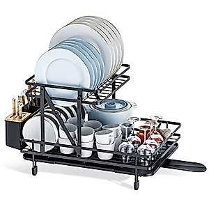 Uamector Large Dish Drying Rack, 2 Tier Stainless Steel Dish Racks with Drainage and Utensil Holder, Drying Rack Kitchen with Drainboard Set, Foldable Dish Drainers for Kitchen Counter Black