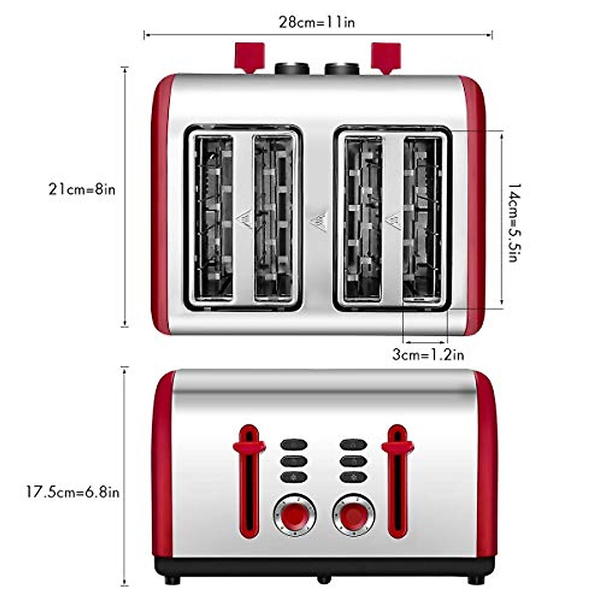 Red Toaster 4 Slice, CUSINAID Wide Slots 4 Slice Toasters Stainless Steel with Reheat Defrost Cancel Function, 7-Shade Setting, Red Color