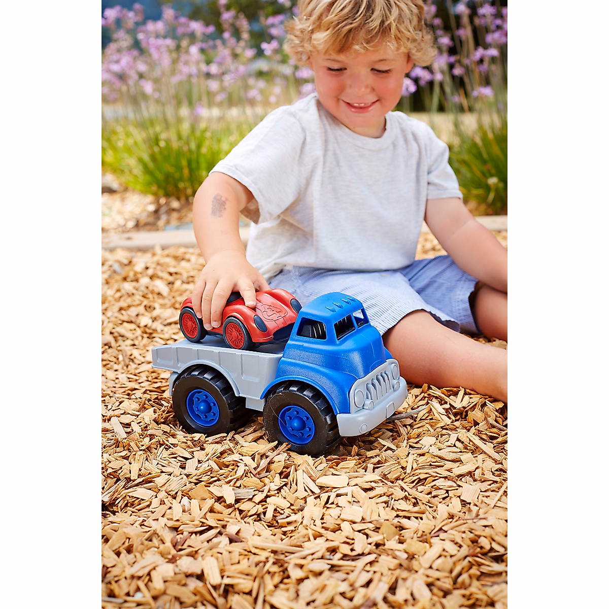 Green Toys Fire Truck, Red & Flatbed w/Race Car - Pretend Play, Motor Skills, Kids Toy Vehicles. No BPA, phthalates, PVC. Dishwasher Safe, Recycled Plastic, Made in USA.