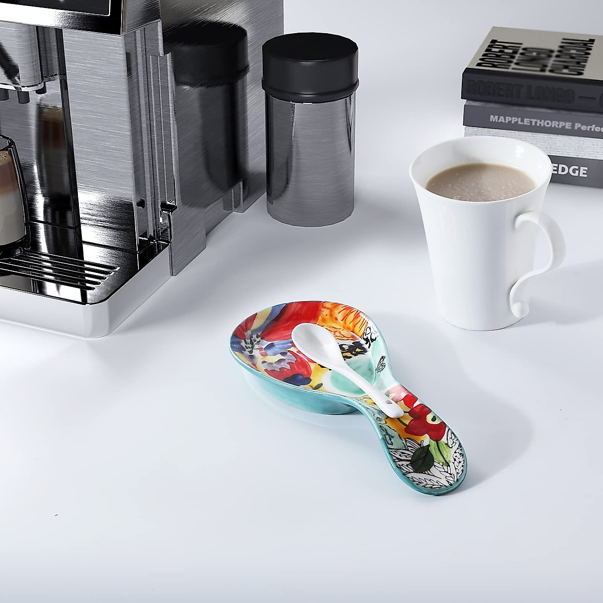 Colorful Hand Painted Spoon Rest - Ceramic Large Spoon Holder for Kitchen Counter Stove Top, Dishwasher Safe, Multicolor (1 Pack)