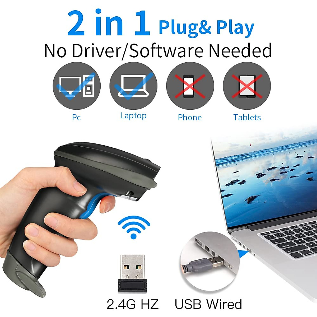 Laser 2.4G Wireless 1D Bar Code Scanners Readers for Computers PC Laptop, UNIDEEPLY Barcode Handheld, Hand Scanning Label UPC EAN Reader Gun Cordless Retails, Black