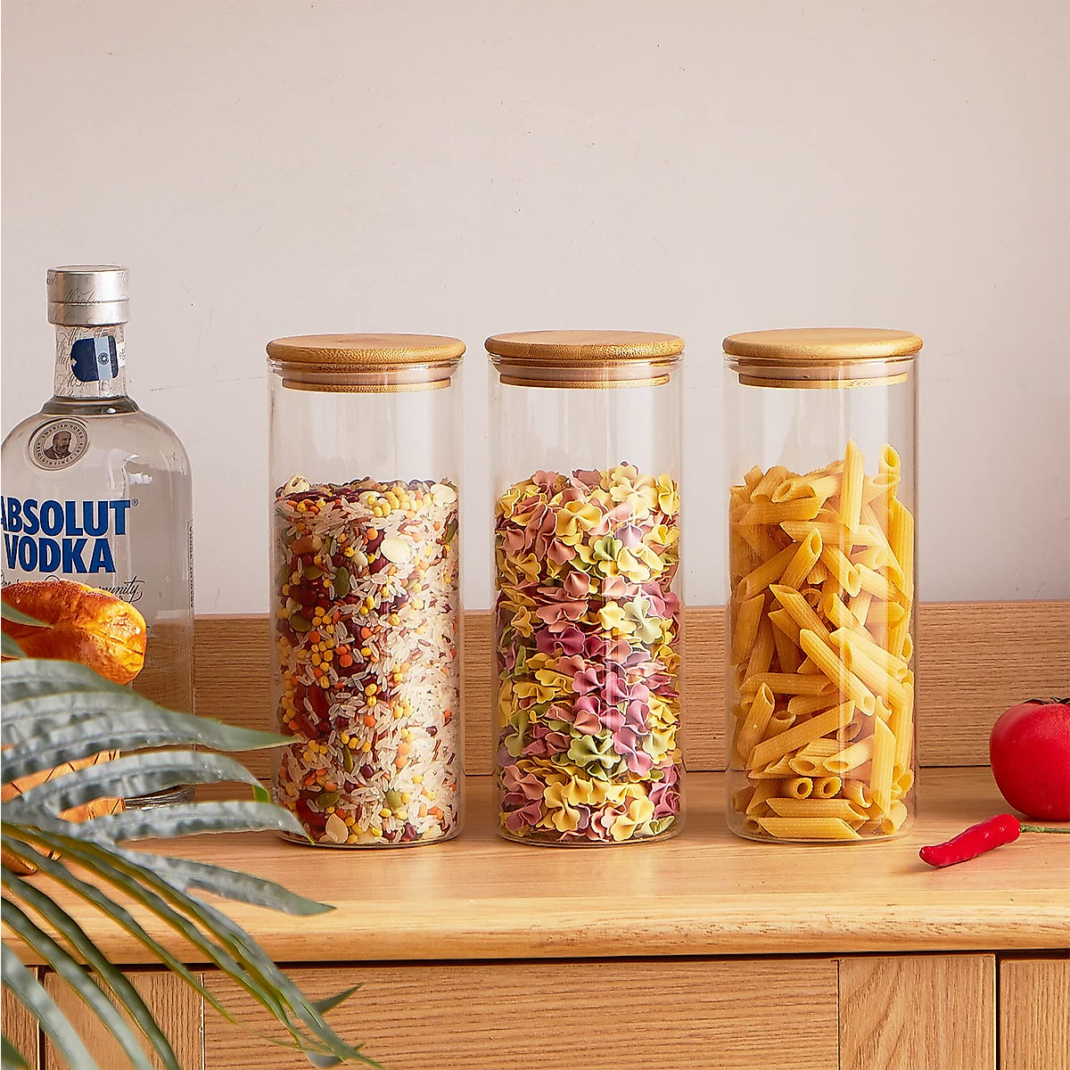 Glass Food Storage Containers 3Pcs (34oz*3), Airtight Food Jars with Bamboo Wooden Lids, Canister Set for Kitchen Counter, Pantry Organization Jar for Sugar Flour Cereal Candy Cookie Coffee Beans (34oz*3)