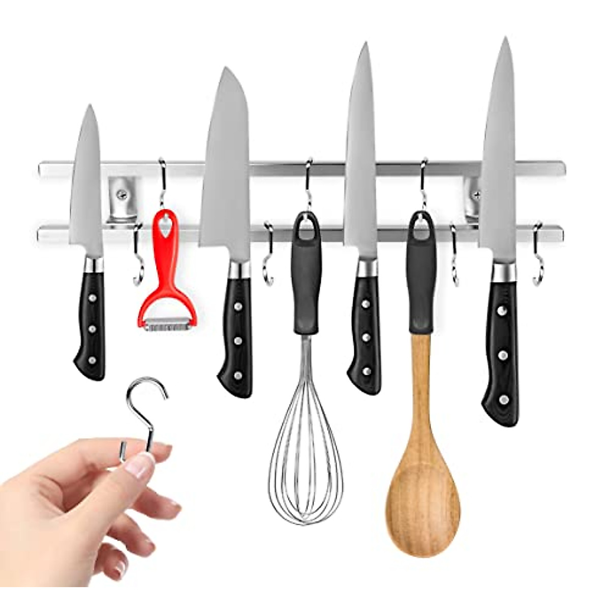 Modern Innovations (16 Inch) Stainless Steel Metal Magnetic Knife Holder, Wall Mount Double Bar with 8 Hooks - Multipurpose Knife Magnetic Strip, Utensil hanger, and Kitchen Storage Rack Magnet
