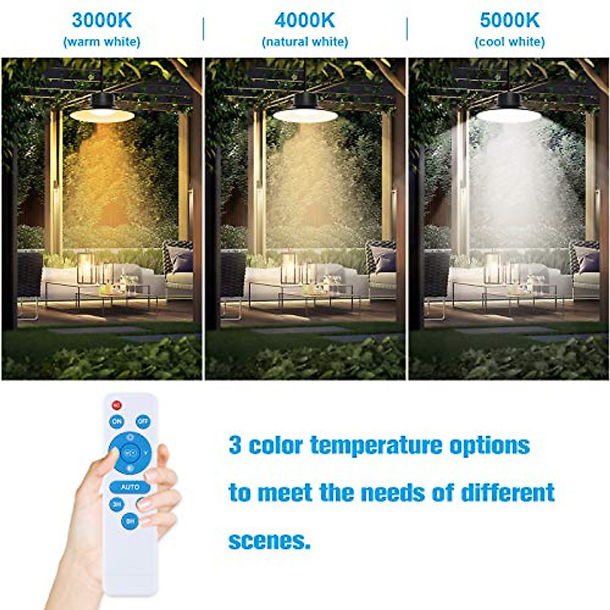 NIORSUN Solar Lights Outdoor, LED Solar Pendant Light 3000K|4000K|5000K| Dimmable Lighting with Remote Control, 16.4ft Cable IP66 Waterproof for Patio, Garage, Camp, Chicken Coop, Shed Barn