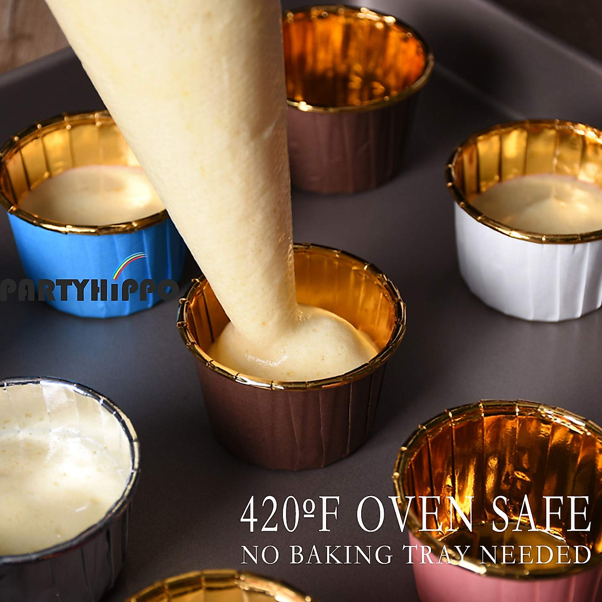 Party Hippo Cupcake Cups, 3.5 Oz 50 pcs Disposable Foil Muffin Liners, Gold Cupcake Baking Cups, Ramekin Aluminum Cupcake Tip Pan Ramekin Holders, Little Baking Cups (White)