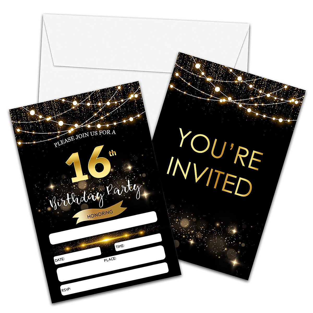16th Birthday Invitations with Envelopes - Black Gold Glitter Fill-in Invites Cards - Surprise Birthday Party Invitation Card for Her Him - Birthday Party Favors Supplies Decorations (20 Pack)