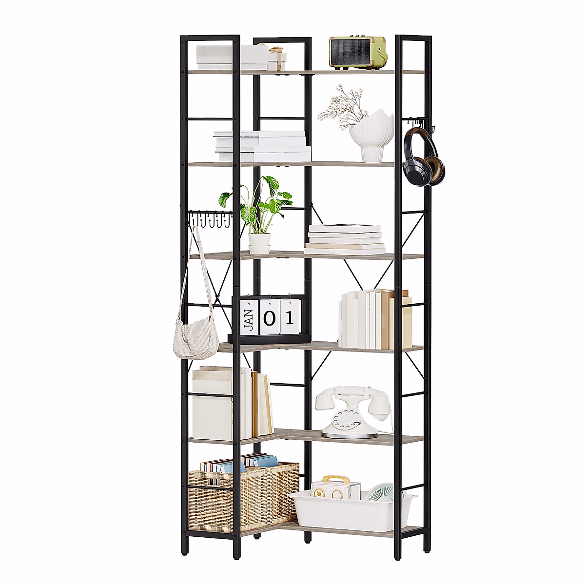 Hzuaneri Corner Bookshelf Bookcase, L-Shaped Industrial Bookshelves, Modern Tall Bookcases, Freestanding Display Shelf Storage Rack for Bedroom, Living Room, Home Office, 6-Tier Greige BC29605B