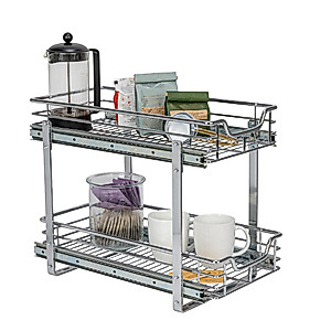 Household Essentials Glidez Slide Out Cabinet Organizer, 11.5” Wide, Durable Chrome-Plated Steel Frame, Dual Baskets and Smooth Glides, Heavy-Duty and Space-Optimizing, Simple Assembly and Installation, Chrome