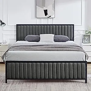 VECELO Queen Bed Frame with Upholstered Tufted Headboard & Footboard, Heavy Duty Steel Slats Platform, No Box Spring Needed, Grey