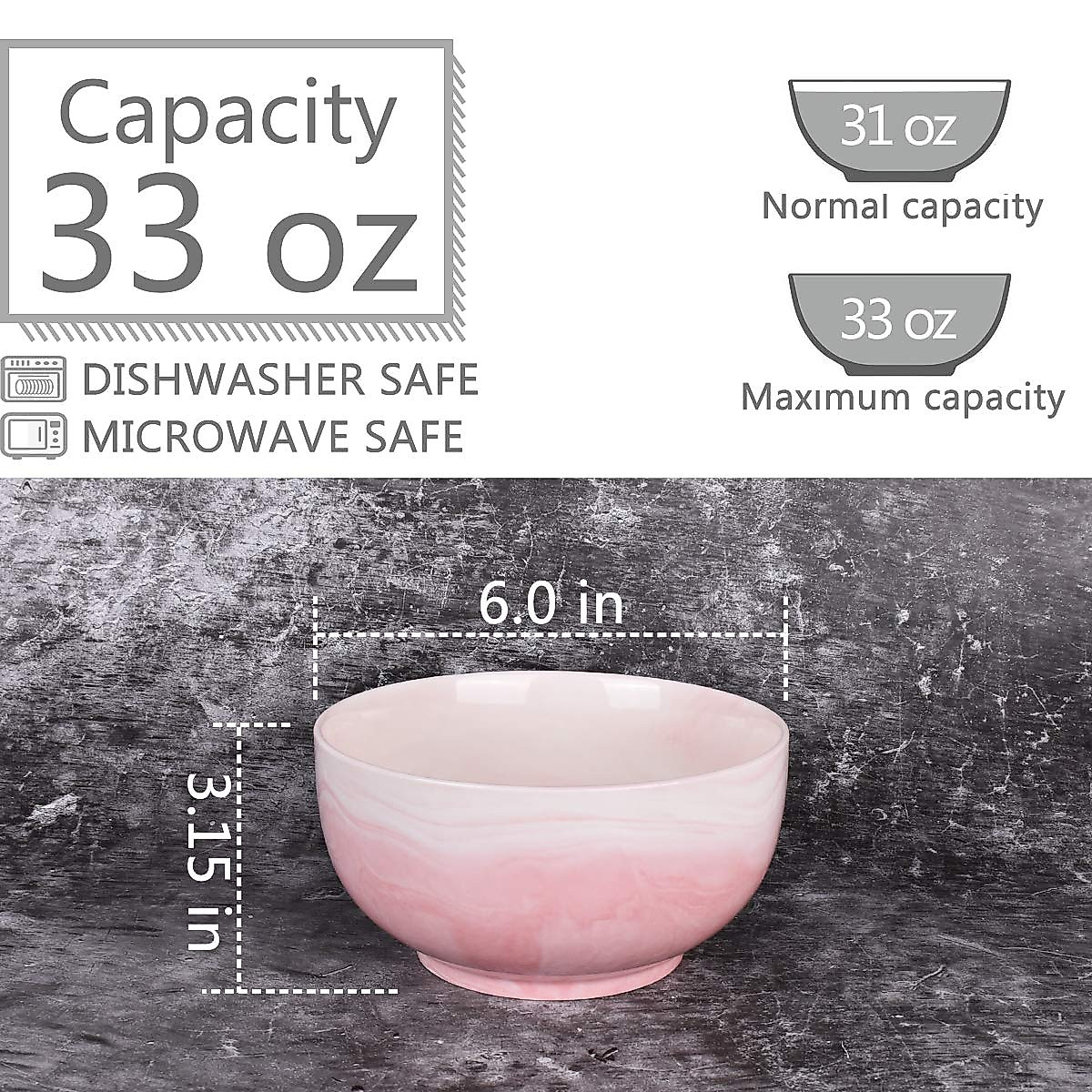 Bosmarlin Marbling Ceramic Soup Bowl Set of 4, 33 Oz, Dishwasher and Microwave Safe (33 Oz, A-Pink Marbling)