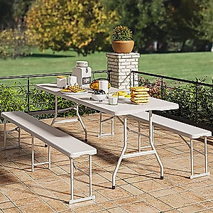 YITAHOME 6ft Portable Picnic Table Bench Set, Heavy Duty Camping Picnic Table Set, Fold up Picnic Table for Outdoor Camping Picnic Parties/Indoor Events, White