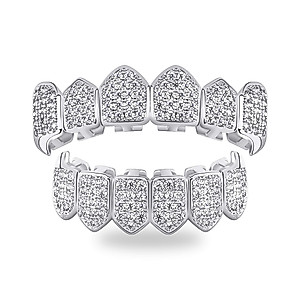 TOPGRILLZ Diamond Grills 18K Gold Plated Fully Iced Out CZ Vampire Top and Bottom Face Mouth Silver Grillz for Your Teeth Men Women with Extra Molding Bars