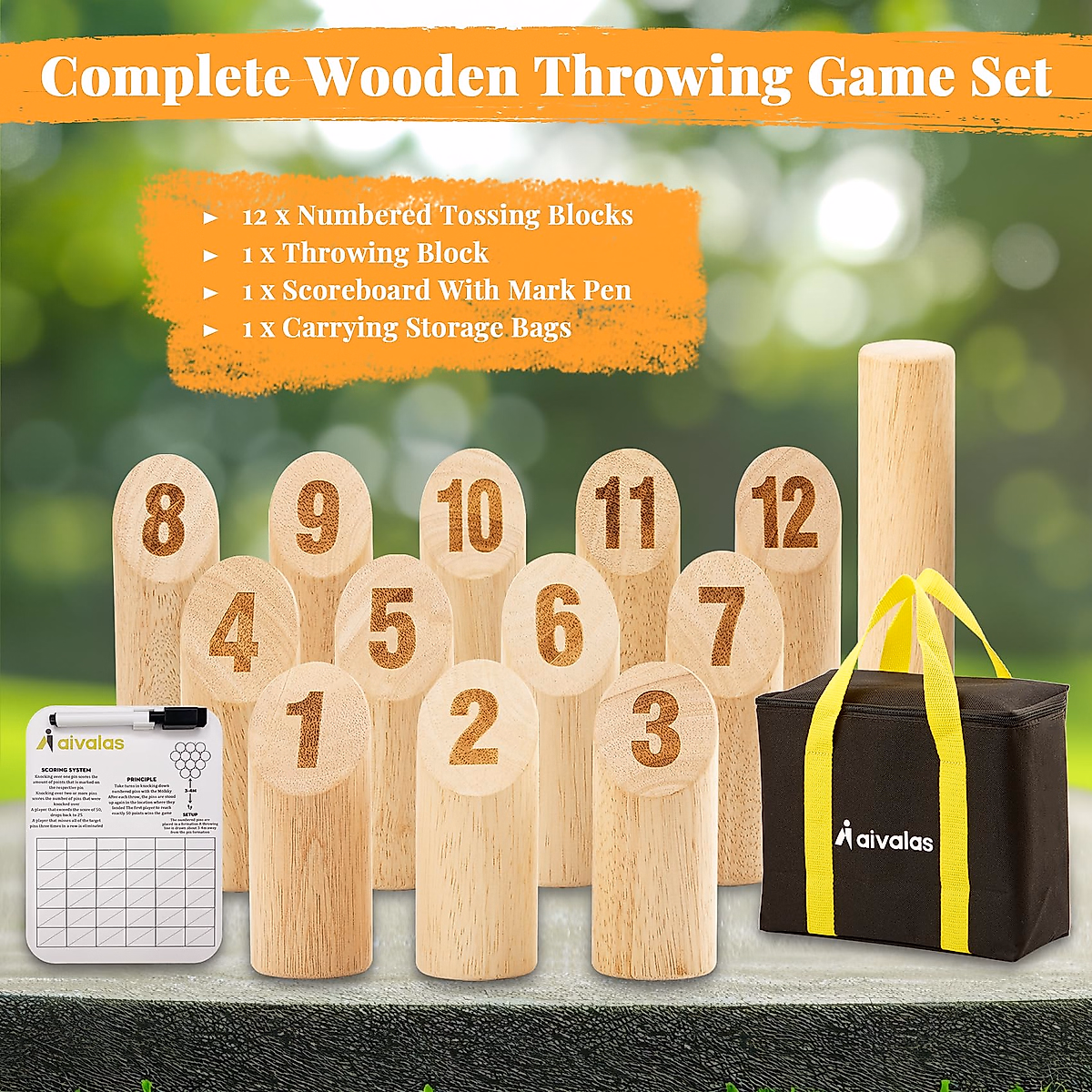 Aivalas Wooden Tossing Game Set, 12PCS Numbered Block Toss Games with Scoreboard & Carrying Case, Outdoor Lawn Backyard Beach Game, Gift for Family Toss Party Group