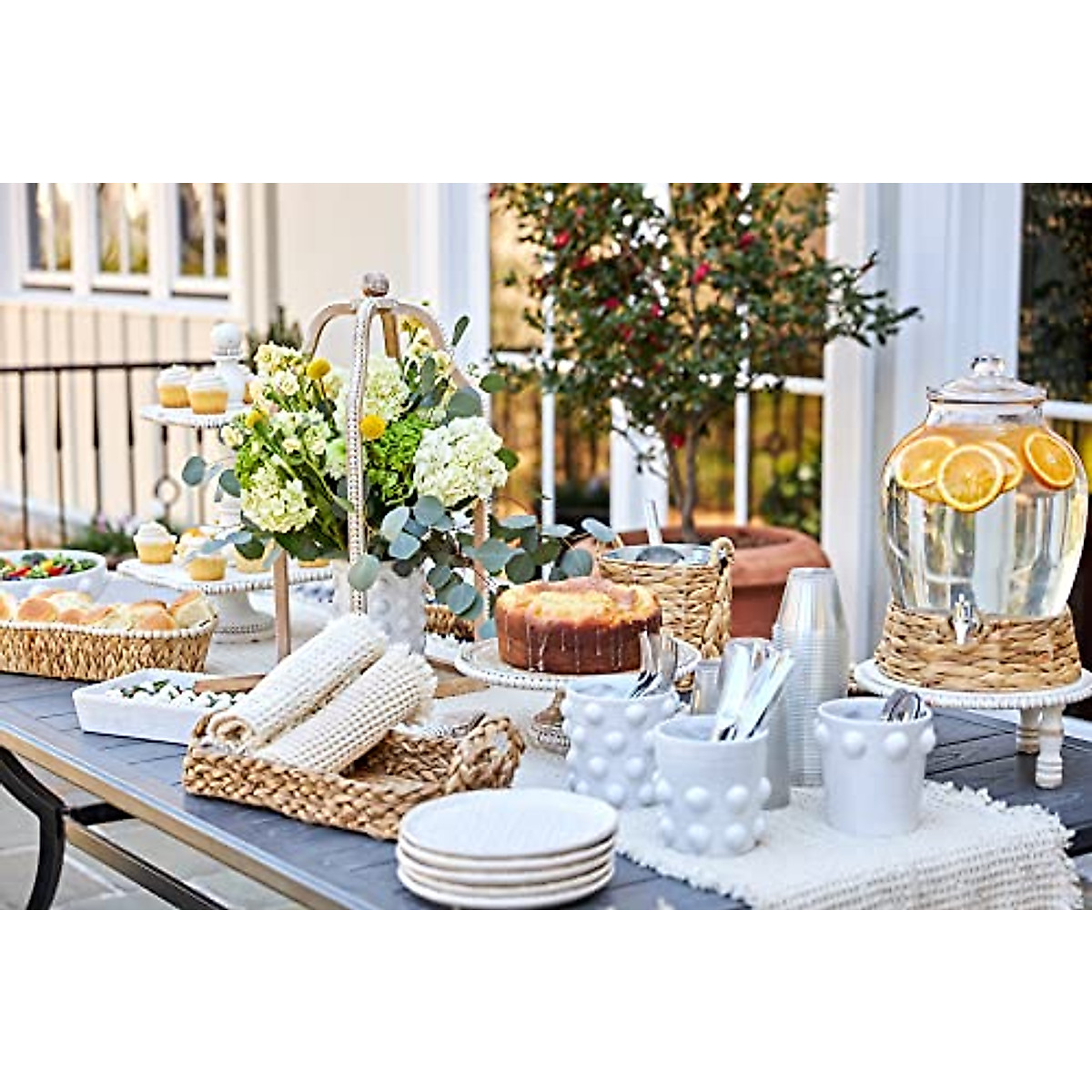 Mud Pie White Beaded Pedestal Trays, small 4" x 10" dia | large 5" x 12" dia