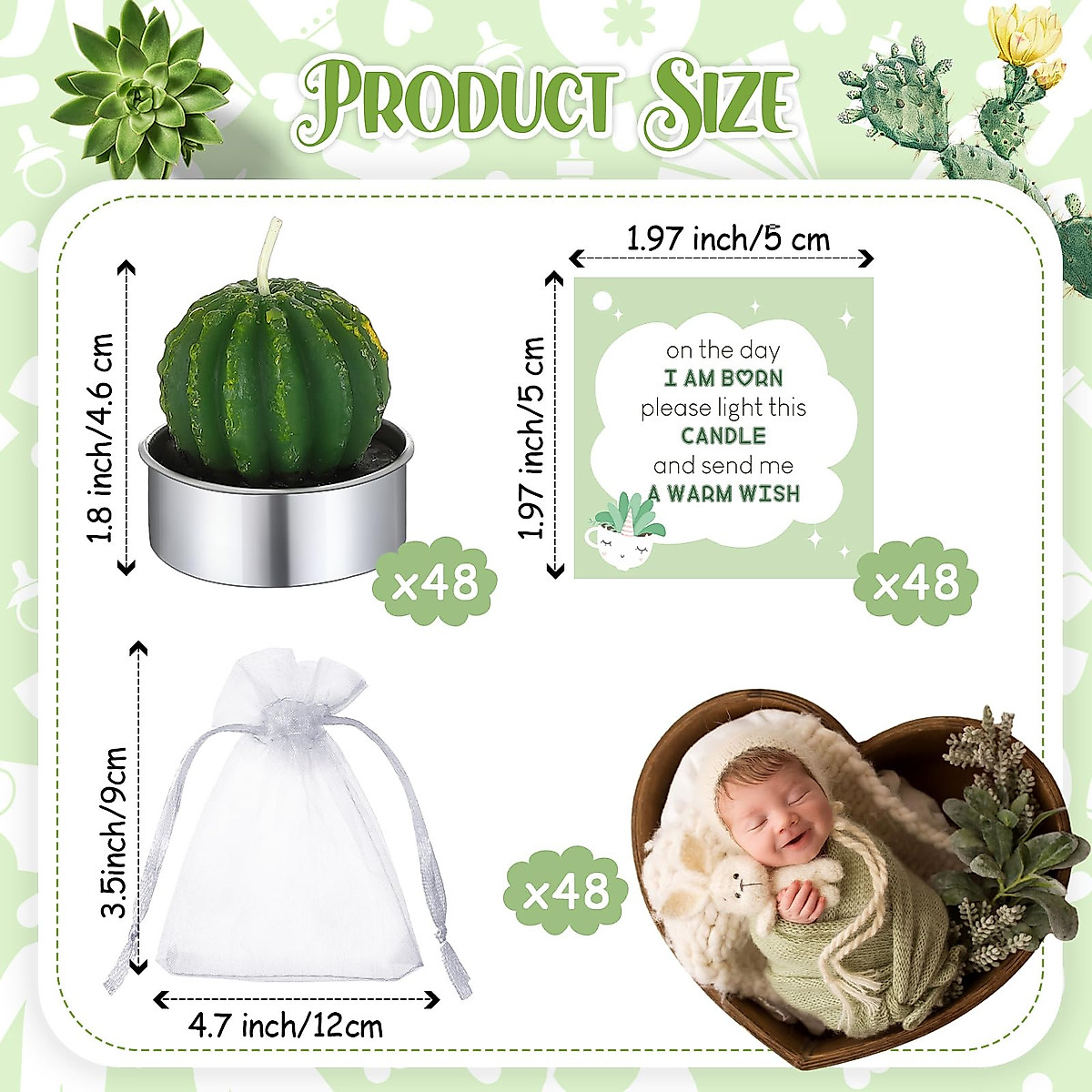 MTLEE 48 Sets Baby Shower Favors Include 48 Succulent Pumpkin Shaped Candles Fall Mini Plants Tea Lights Candles with 48 Invitations Cards and 48 Organza Bags for Baby Gender Reveal Guests(Succulent)