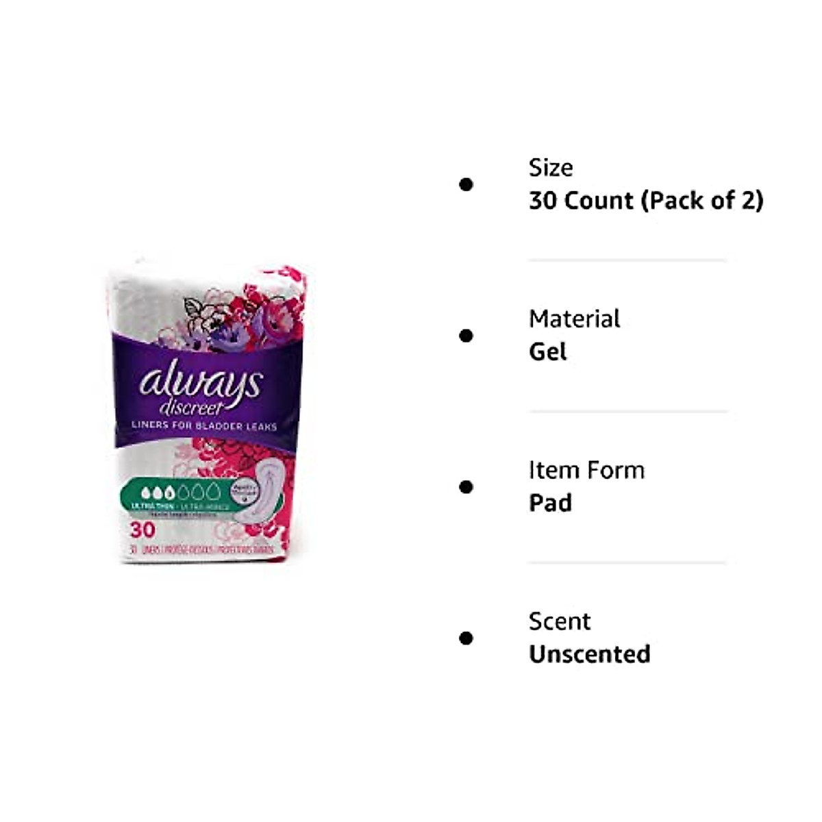 Always Discreet, Incontinence Light Pads, 3 Drops, 30 Pads each (Value Pack of 2)