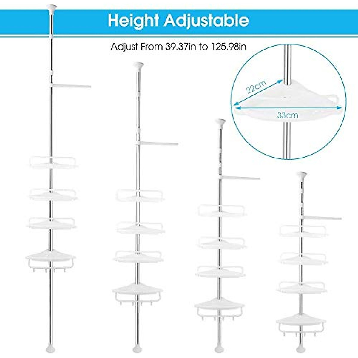 Bathroom Shower Storage Constant Tension Pole Shower Caddy Tension Pole Storage Shelves, Stainless Steel Rod, Adjustable Bathroom Shower Caddy for Shampoo Soap Tower, White