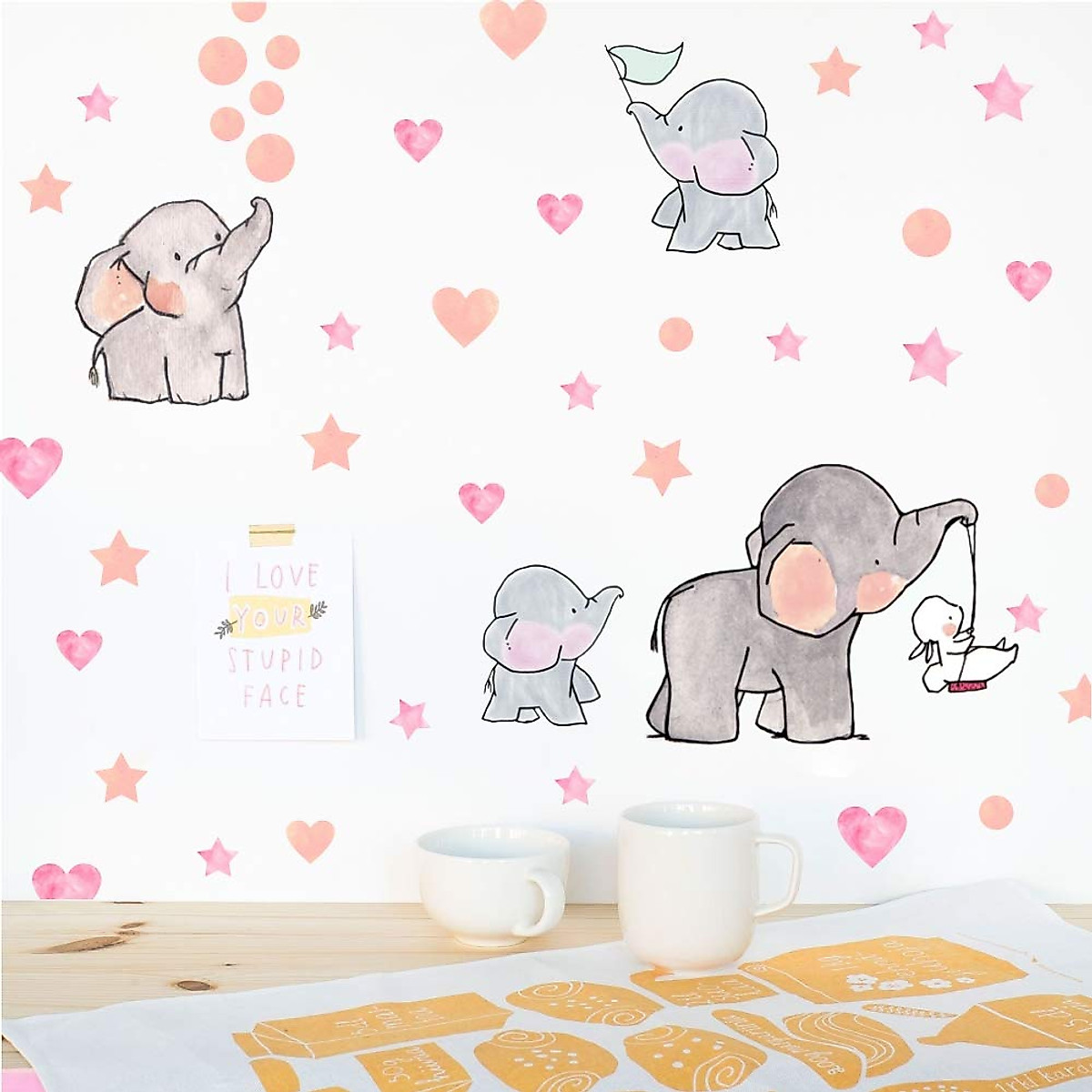 IARTTOP Adorable Elephant Wall Decal, Lovely Family Elephant with Love Heart Stars Wall Sticker, Baby Elephant Decor Wall for Nursery Bedroom Classroom Decoration