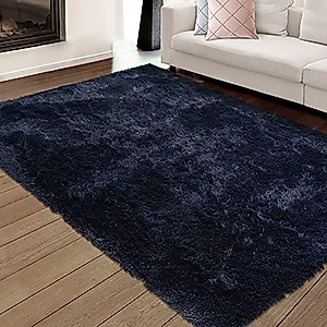 IMINROME Navy Blue Area Rug for Bedroom 8' x 10' Fluffy Rugs Shag Carpet for Living Room Shag Rug for Kids Room, Plush Furry Rugs Decorative Accent Rug for Indoor Home Floor Carpet, Dark Navy