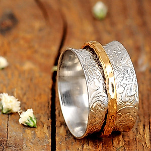 Boho-Magic 925 Sterling Silver Spinner Ring for Women with Brass Fidget Ring Flowers Band (10)